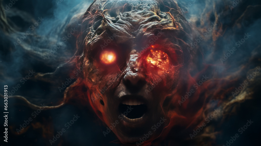 Flaming demon. Devil in the flames of fire. Fiery monster. Scary ...