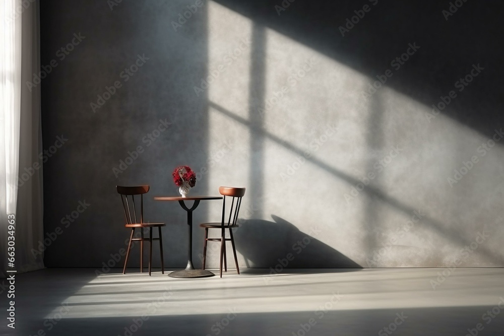 Empty room or cafe with dining table, chairs, concrete floor, window ...