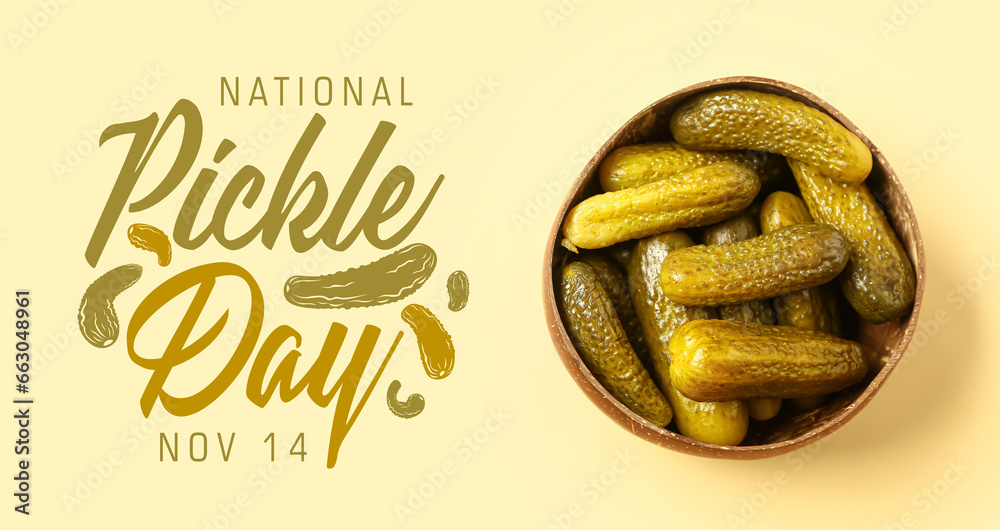 Banner for National Pickle Day with canned cucumbers on beige ...
