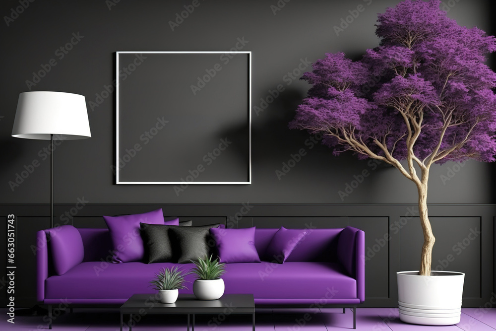 Interior of a purple sofa in a black living room or office waiting area ...