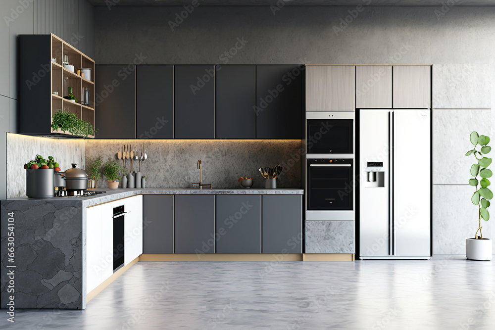 Interior of a kitchen made of marble and gray with a concrete floor ...