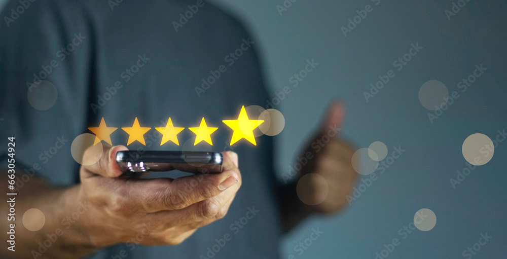 Business people touching on virtual screen on five star, customer ...