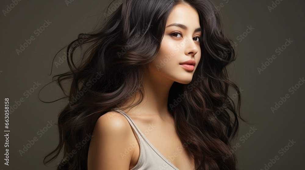 Beautiful young asian woman with long amazing curly hairstyle on dark ...