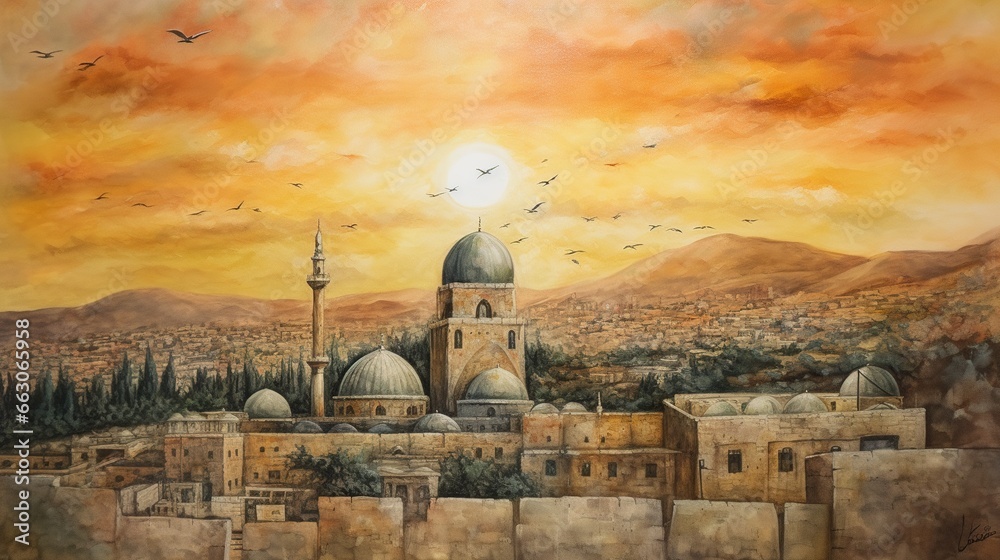 View of Masjid Al-Aqsa against the backdrop of a setting sun, the ...