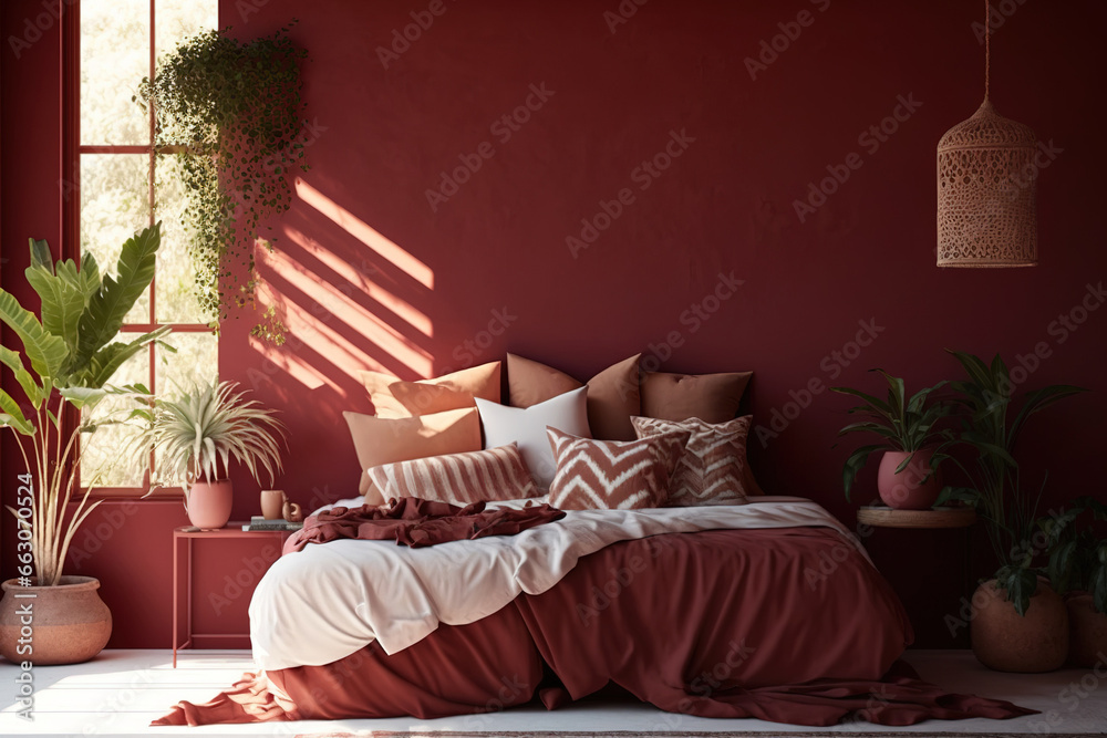 Gorgeous modern boho bedroom with natural shadows cast by tropical ...