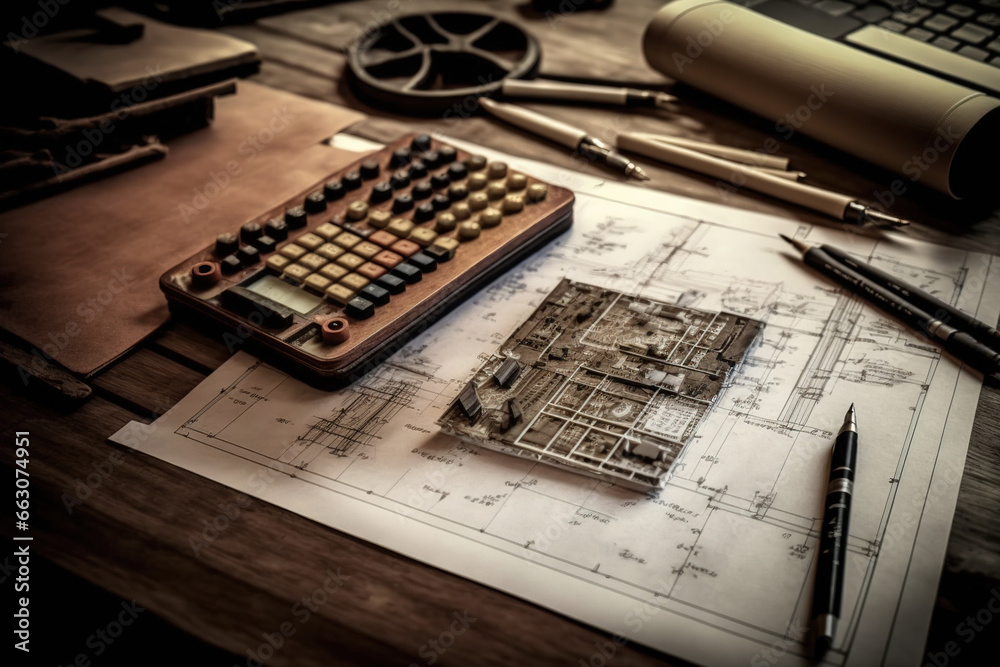 Construction concept, top view, architectural plans on a blueprint with ...