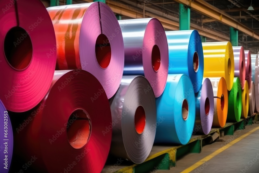 Rolls of steel sheet inside the factory, Various colors. Stock Photo ...