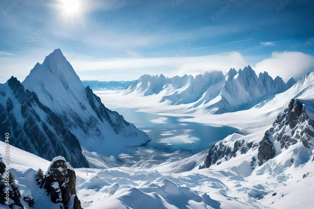 A snow-covered mountain range, with jagged peaks rising dramatically ...