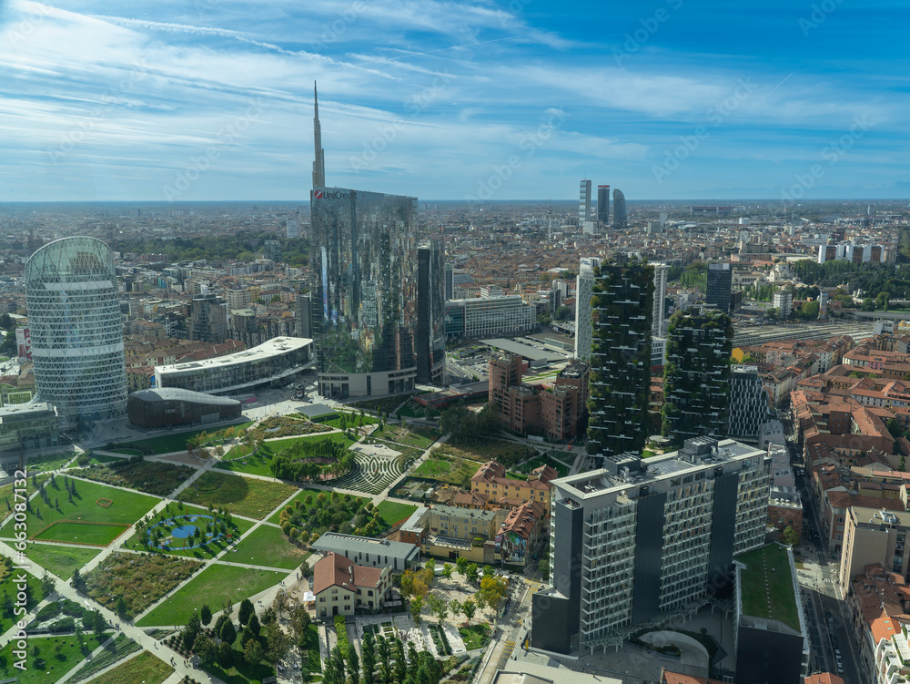 Milano, Italy. Amazing aerial landscape of the iconic Unicredit tower ...
