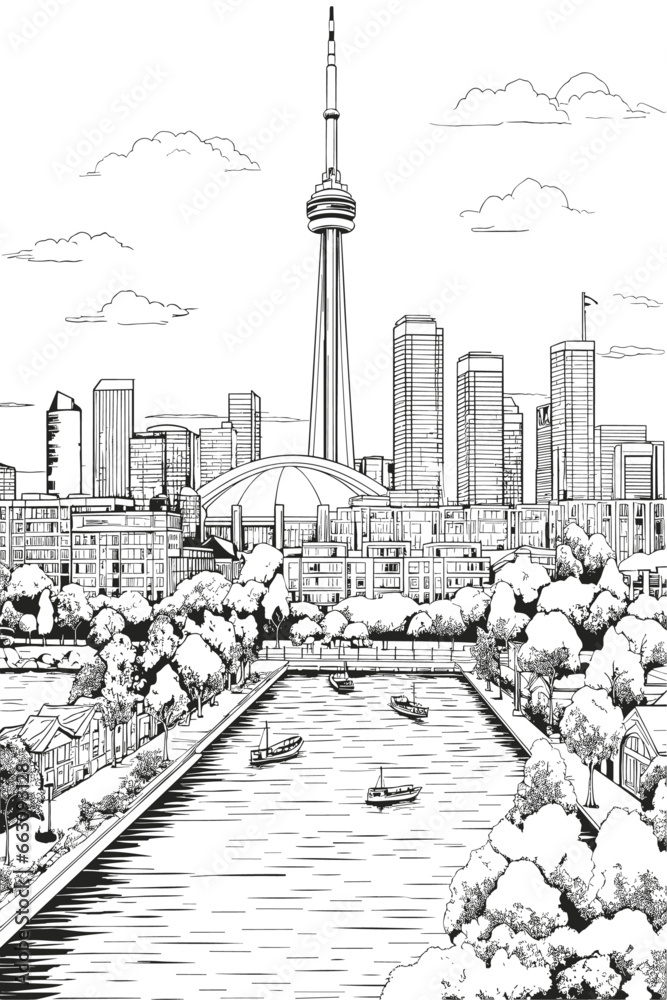 Canada Toronto cityscape black and white coloring page book for adults ...