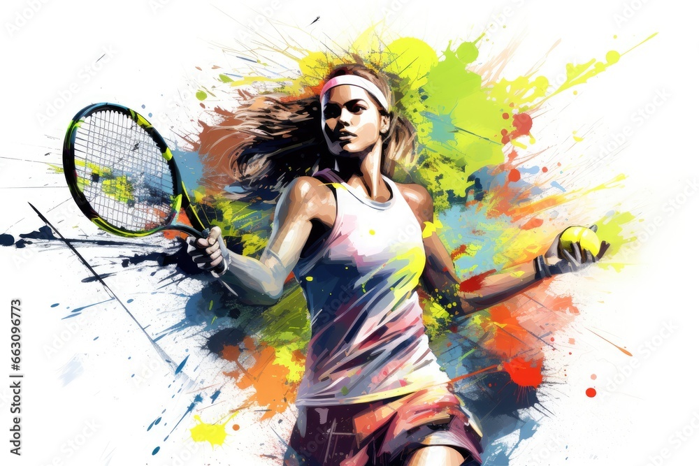 Tennis player with racket and ball on colorful splashes background ...