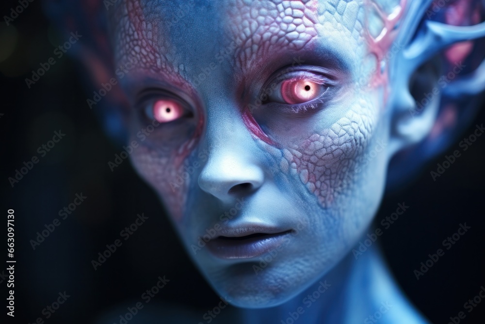 A haunting portrait of a woman with otherworldly blue skin and piercing ...
