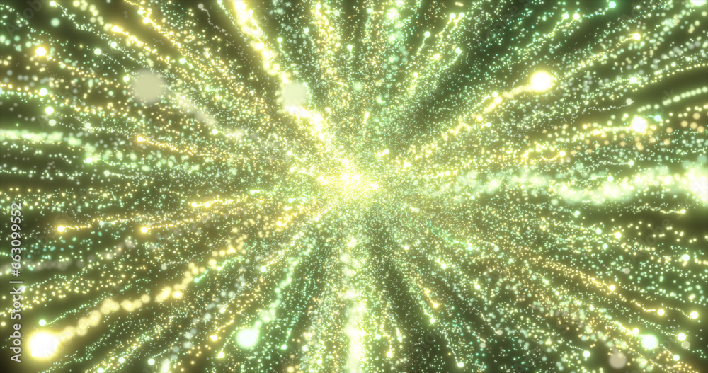 Abstract green energy fireworks particle salute magical bright glowing ...