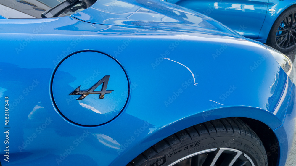 Alpine A110 sports car sign logo and text detail sporty automobile ...