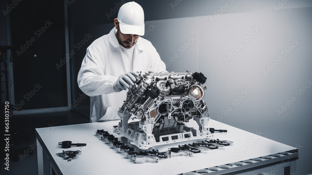 Professional technician tear down and inspecting car engine in clean ...