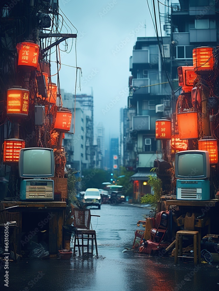 Tokyo cyberpunk landscape at nigh. Dystopian cityscape, devastated by ...