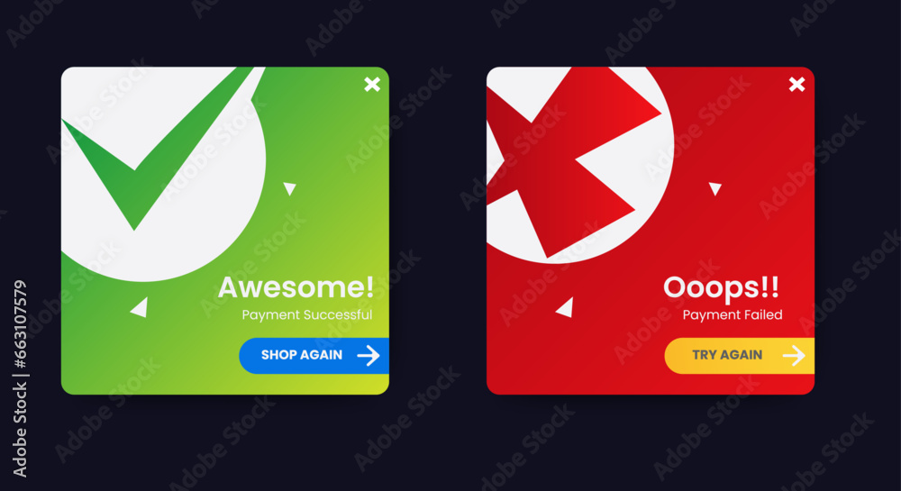 Success and Failed pop up notification icon. flash message. popup ...