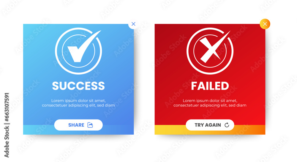 Success and Failed pop up notification icon. flash message. popup ...