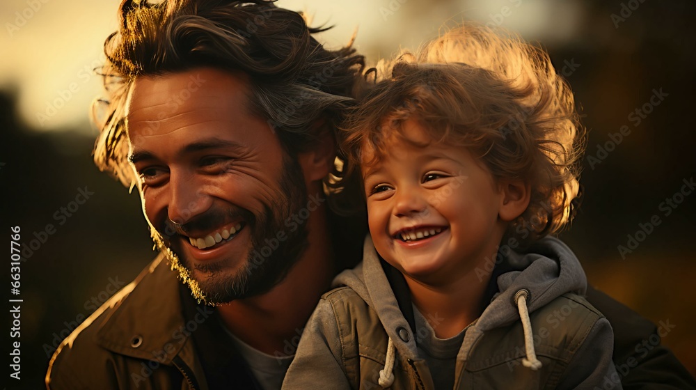 Father and son smile and laugh joyfully, father hugs his son, concept ...