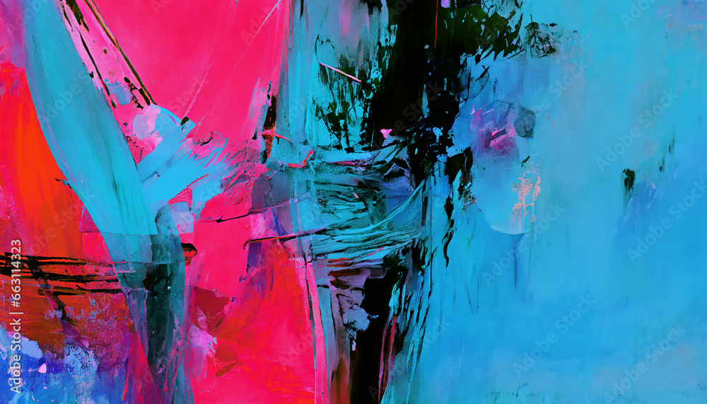 Abstract oil painting, neon red, pink, blue brush strokes background ...