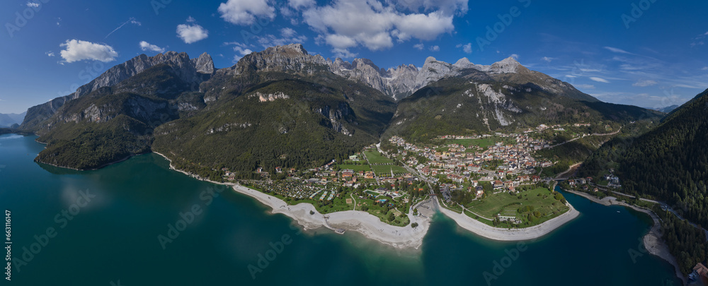 Aerial panorama Lake Molveno, Italy. Aerial view of Lake Molveno, north ...