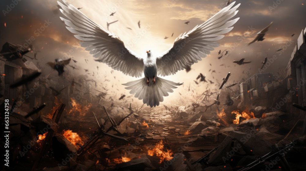a white dove flies over a burning city, war, battle, symbol of peace ...