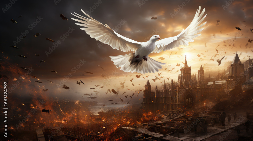 a white dove flies over a burning city, war, battle, symbol of peace ...