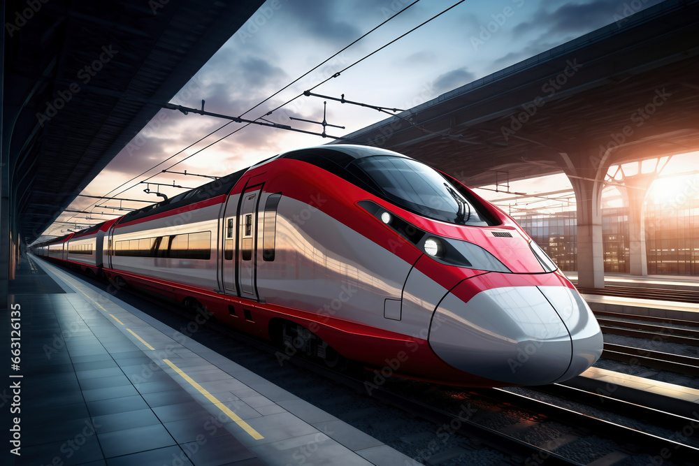Red and white modern high-speed train on a railway platform. Boarding ...