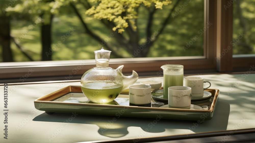 A tranquil Japanese teahouse setting, featuring a lacquered tray with ...