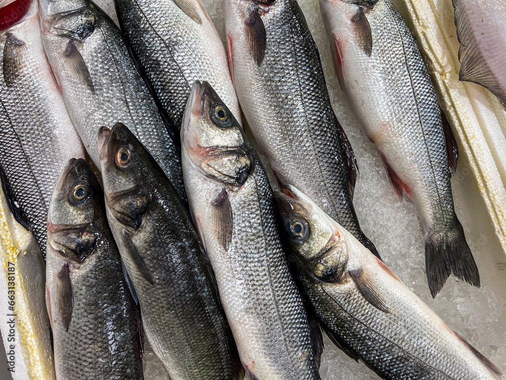 Top view of raw bonito fish on ice on display at seafood fish market ...