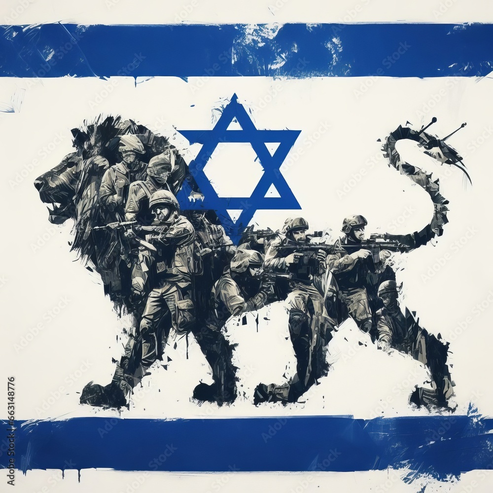 Generative AI image of a lion and Israeli soldiers over a flag of ...