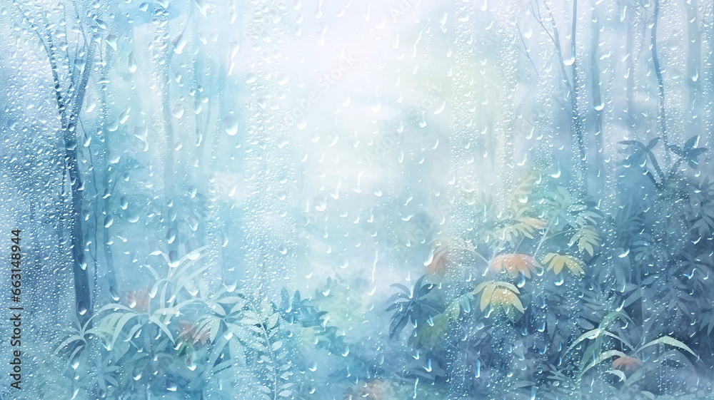 raindrops on the window pane tropical rain in the jungle, watercolor ...