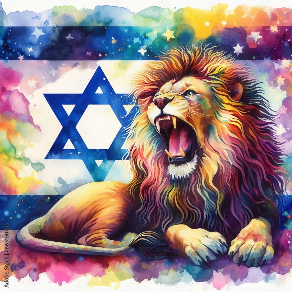 Generative AI image of a lion over a flag of Israel as a background ...