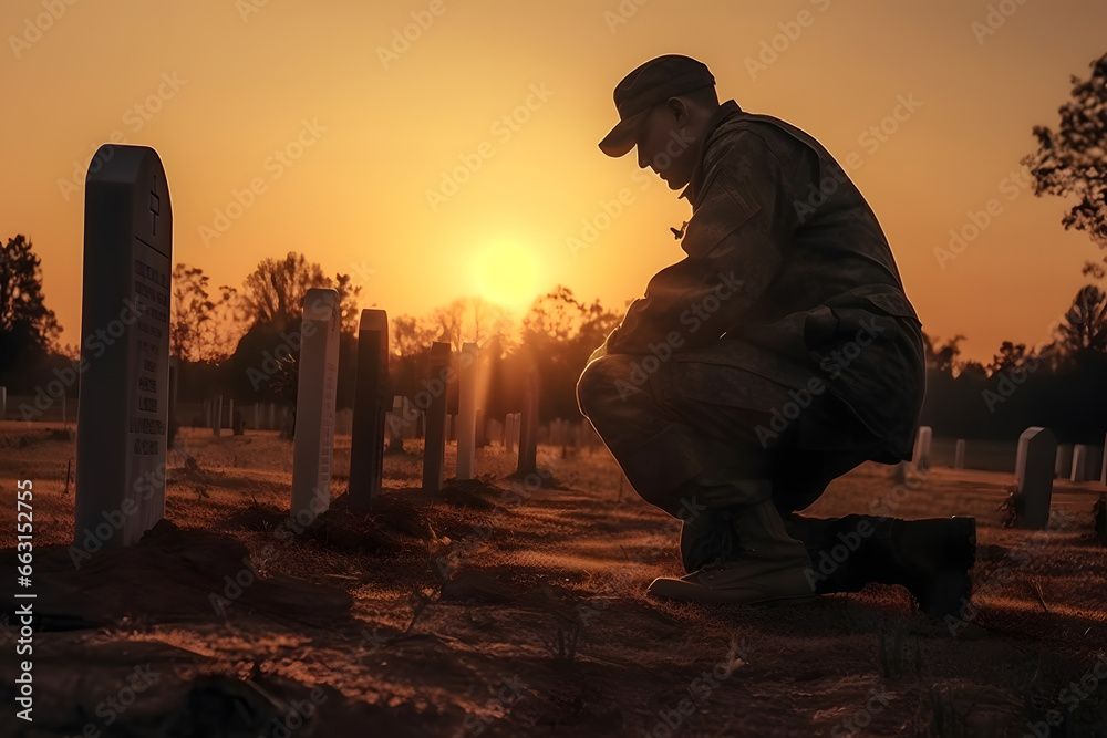 Military man kneeling of grave fallen soldier, sunset. Concept veteran ...