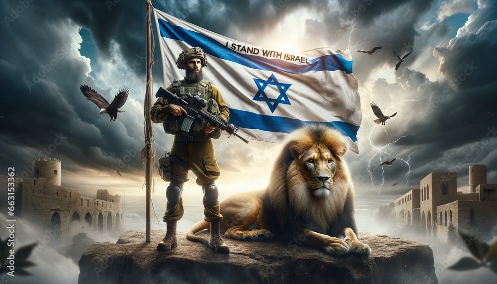 Generative AI image of an Israeli soldier and a lion over a flag of ...