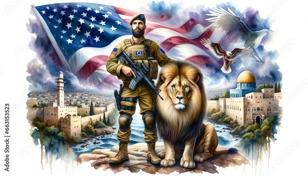 Generative AI image of an Israeli soldier and a lion over Jerusalem as ...