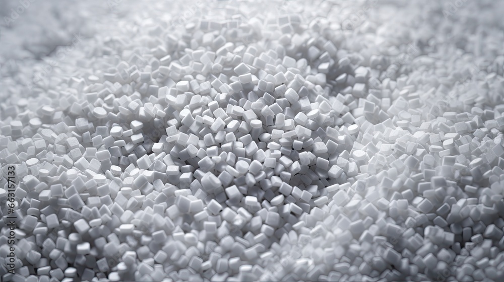 Many white and gray granules of polypropylene, polyamide. Background ...