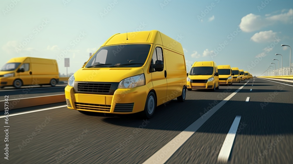 Four Yellow modern delivery small shipment cargo courier van moving ...