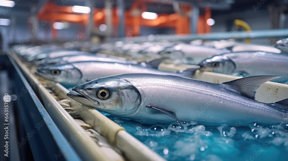 Conveyor belt in a fish processing with a line of fresh trout in food ...