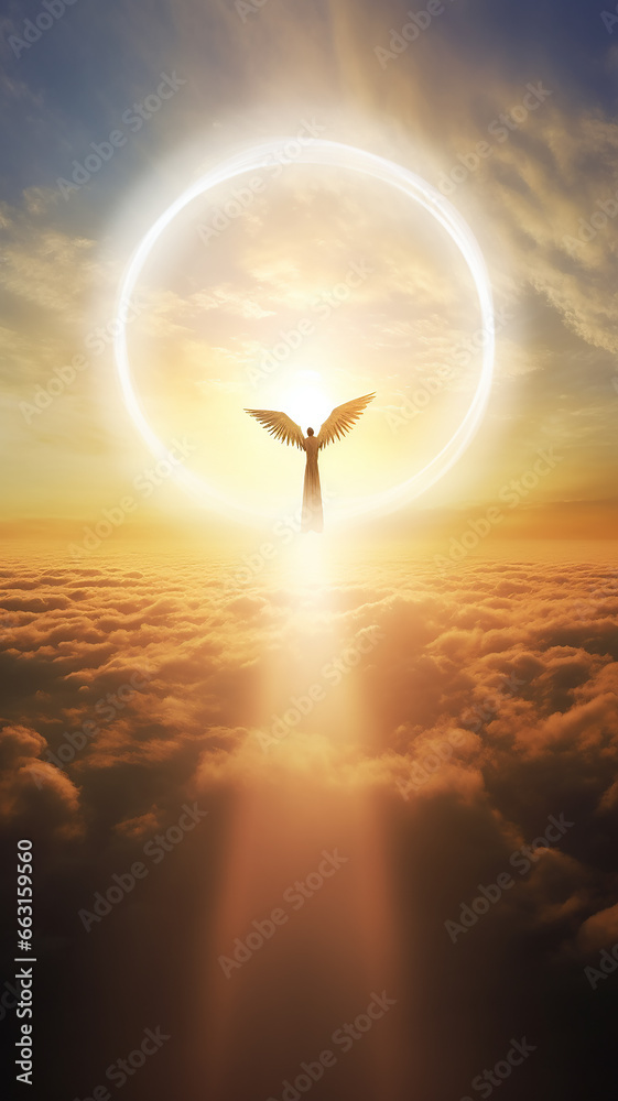 vertical background heavenly landscape, angel in heaven in the light of ...