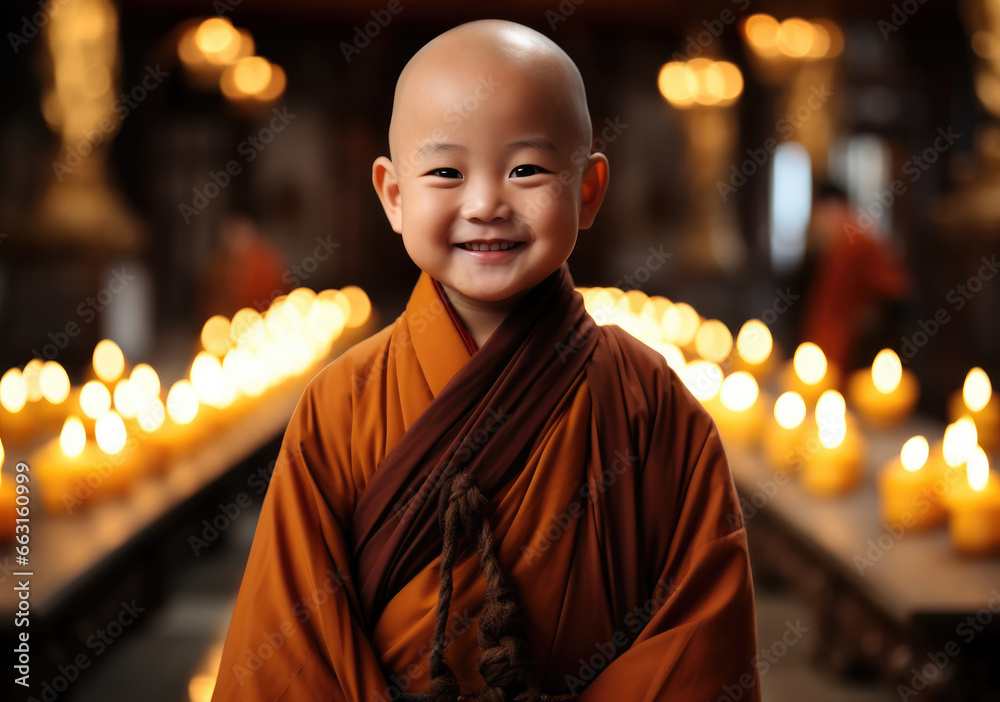 Chinese child dressed as a Buddhist monk with a bald head and round ...
