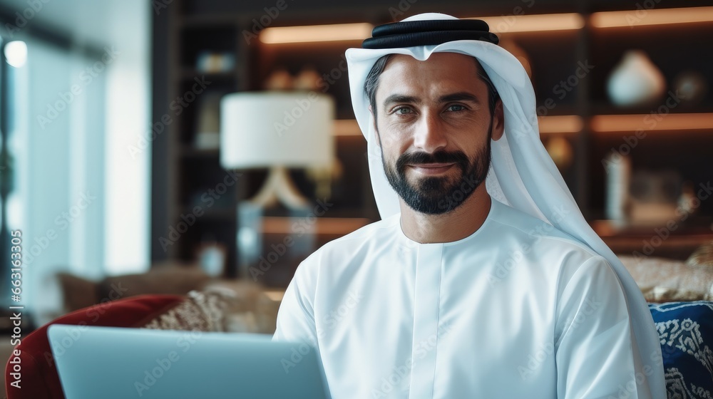 Portraits of a successful businessman in traditional emirates white ...