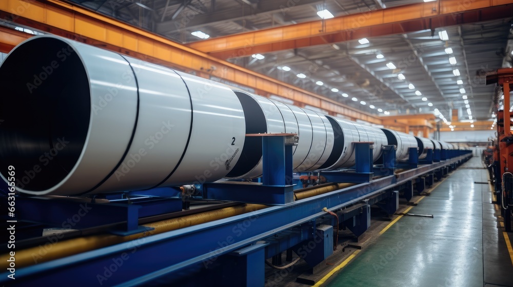 New manufactured pipes on roller conveyor, Modern seam pipe production ...