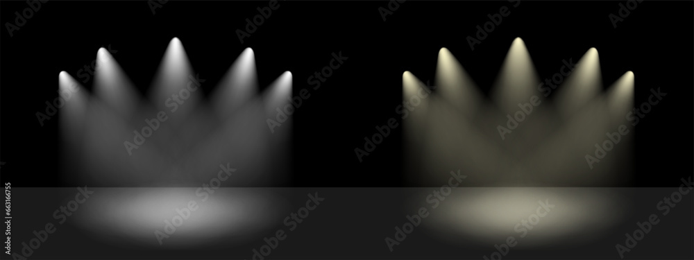 Spotlight ray stage effect. Spot light beams shine on black background ...