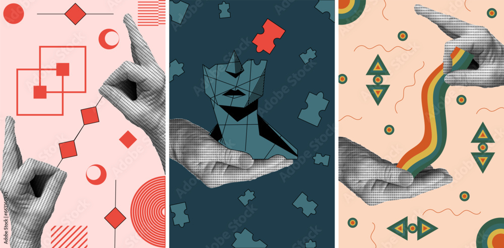 Trendy Geometric banner with Halftone hand blue Groovy statue head ...