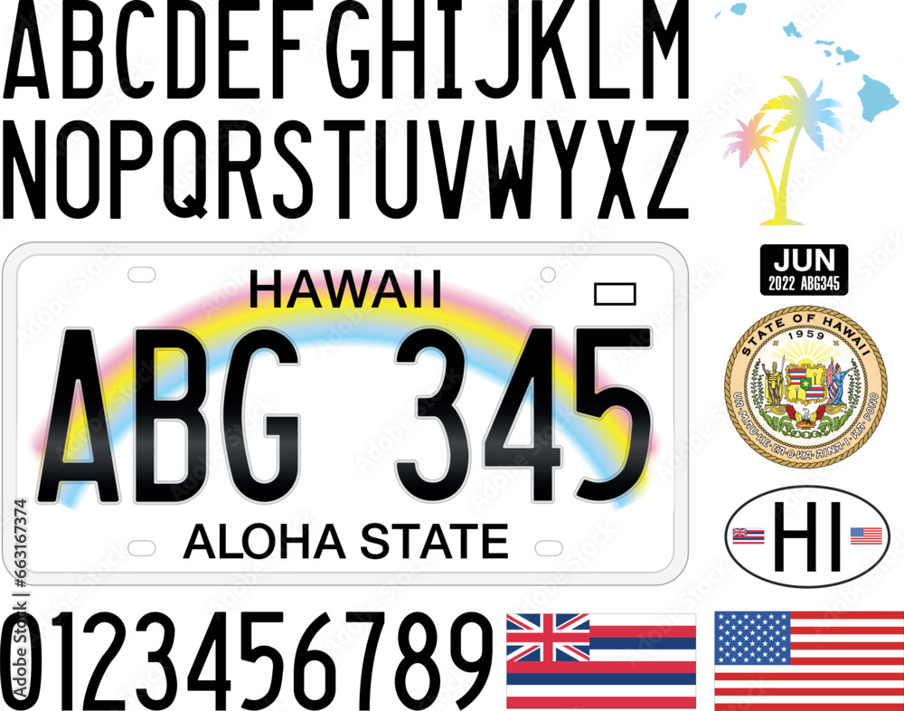 Hawaii US State car license plate, letters, numbers and symbols, vector ...