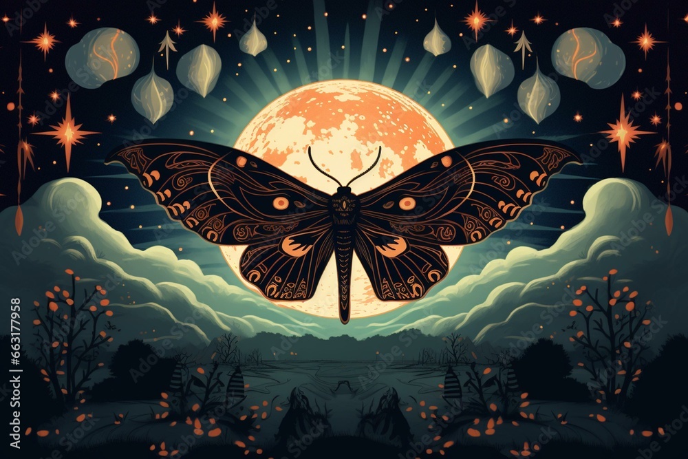 Silhouette of celestial moth amidst mystical fungus, stars, celestial ...