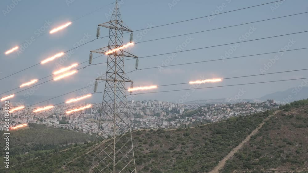 High voltage tower. Visualization of current in wires. High voltage ...