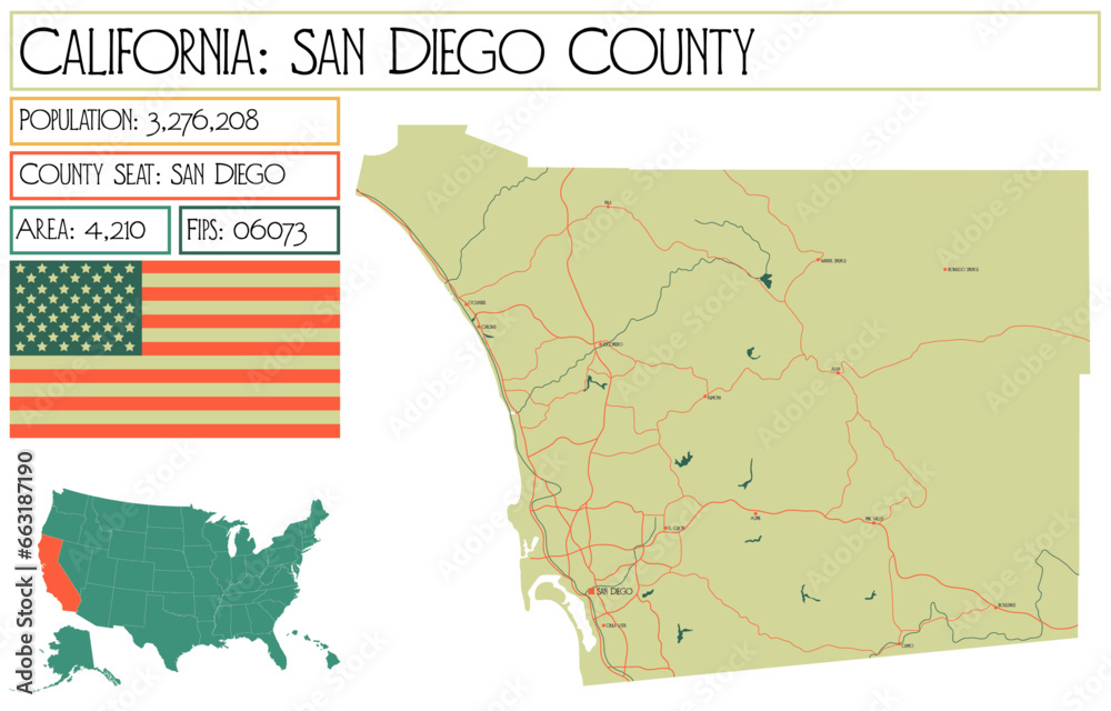 Large and detailed map of San Diego County in California, USA. Stock ...