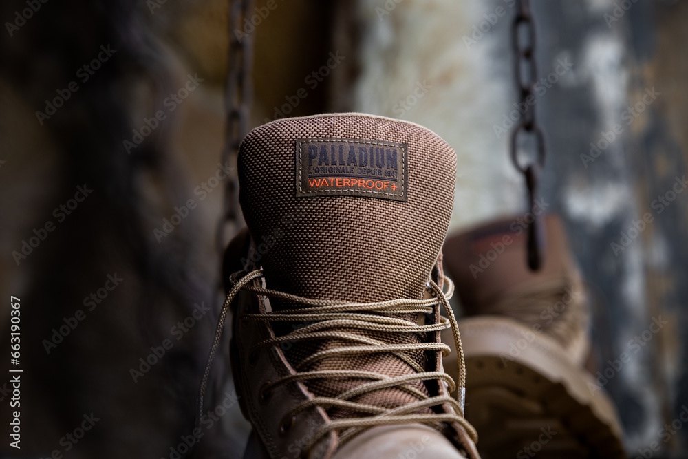Palladium boots in brown color. Palladium brand was established in 1947 ...